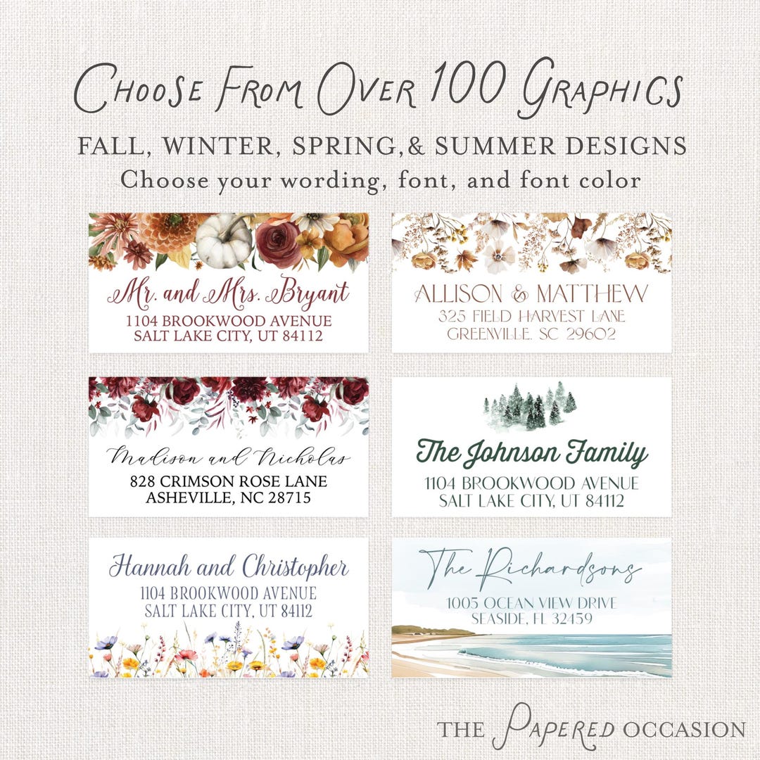PRINTED Return Address Labels - Choose Your Season Themed Design, Fonts ...
