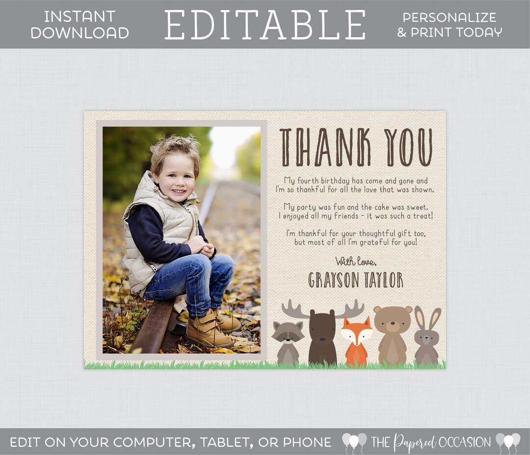 Editable Photo Thank You Cards - Printable Woodland Animal Themed ...