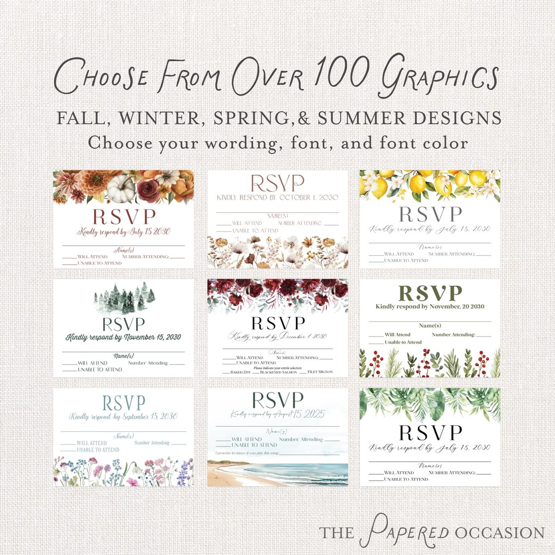Printed OR Printable RSVP Cards - Choose Season Themed Graphic, Font ...