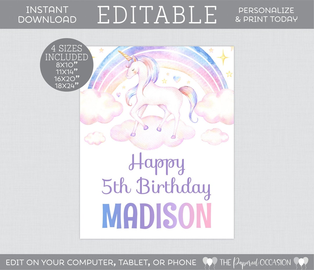 Editable Unicorn Themed Happy Birthday Sign Rainbow Unicorn Birthday ...