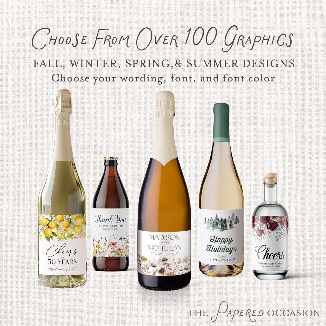 PRINTED Season Themed Wine Bottle Labels - Choose Your Graphic, Fonts ...
