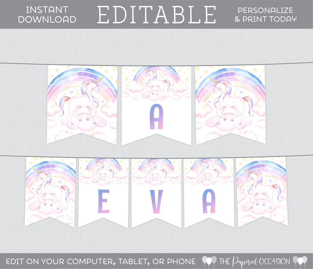 Editable Unicorn Birthday Party Banner With TWO Sizes Rainbow Unicorn ...