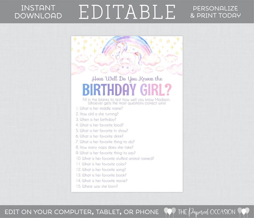 Editable Unicorn Birthday Party Game - Printable Rainbow Unicorn Themed ...