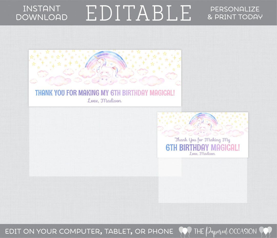 Editable Unicorn Themed Birthday Party Treat Bag Toppers Rainbow ...