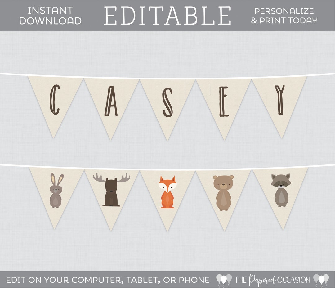 Editable Woodland Birthday Party Triangle Banner - Woodland Animal ...