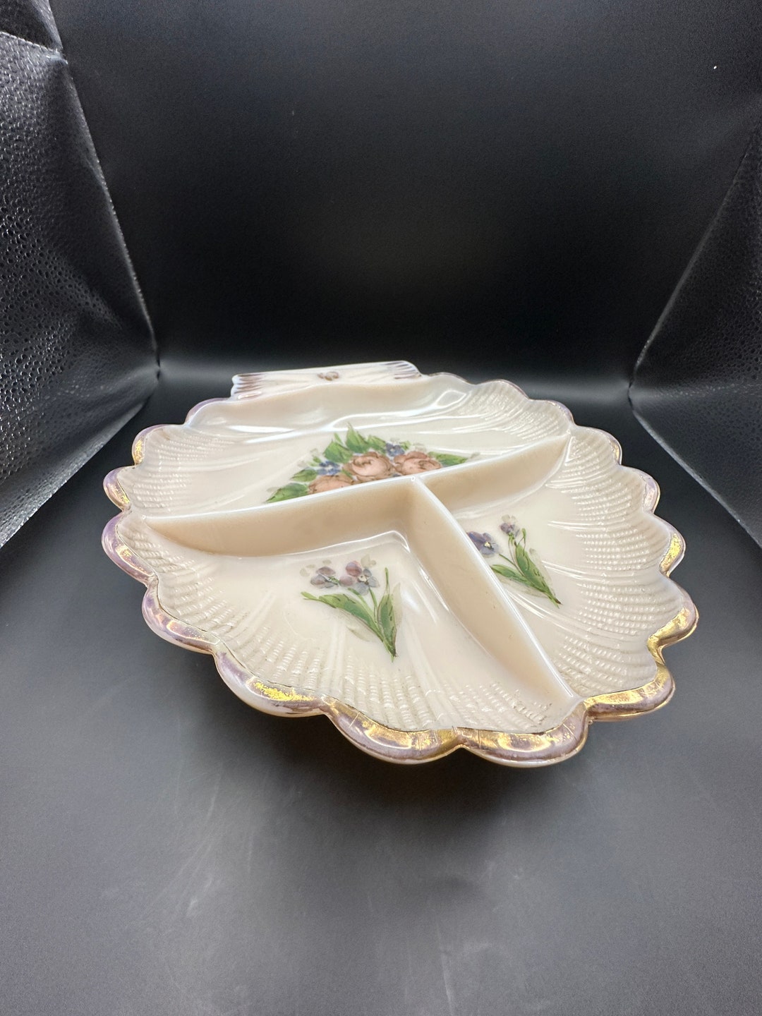 Cambridge Glass Shell Shape Relish Dish Crown Tuscan Hand Painted ...