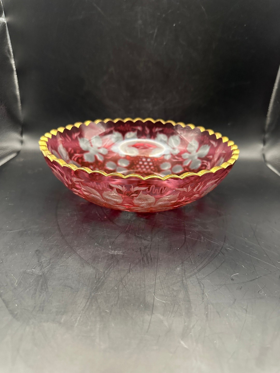 Ruby Overlay Cut to Clear Crystal Bowl Gold Rim - Etsy