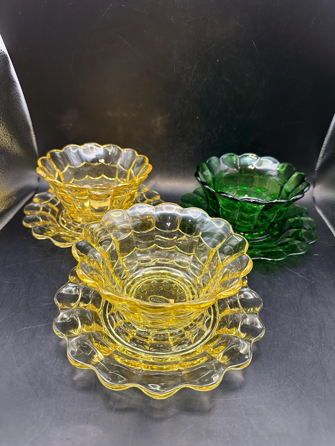 Cambridge Glass Mayonnaise Set Cascade Pattern Mandarin Gold or Green ...