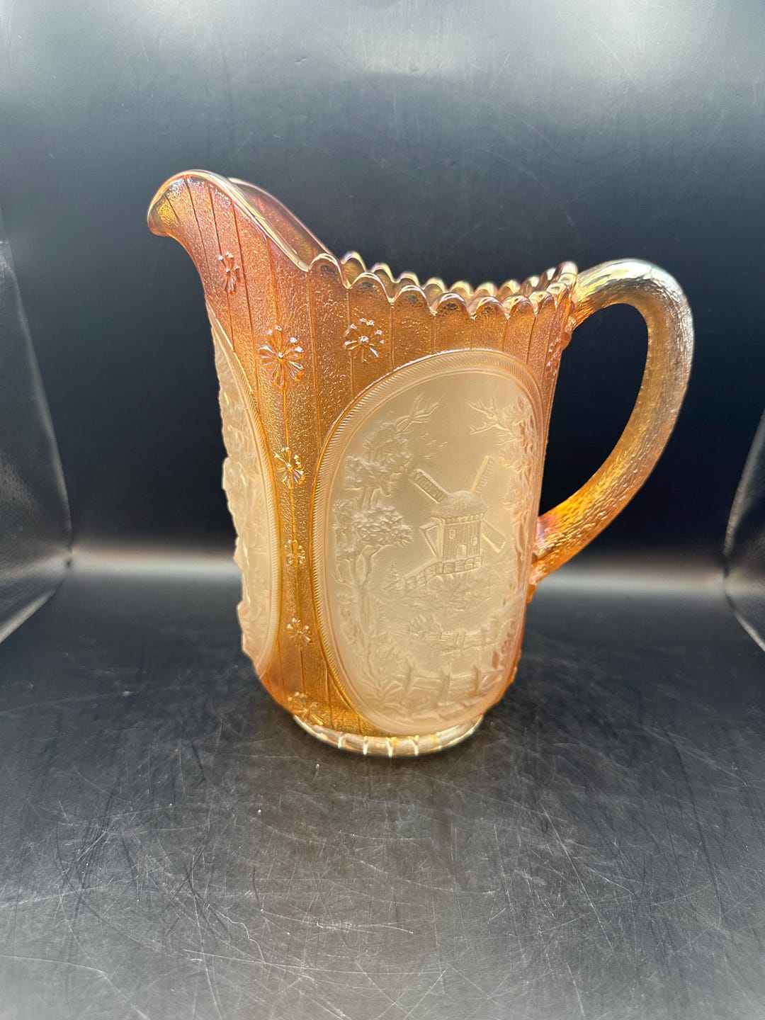 Windmill Pitcher Imperial Glass Carnival Glass Marigold Frosted Panels ...