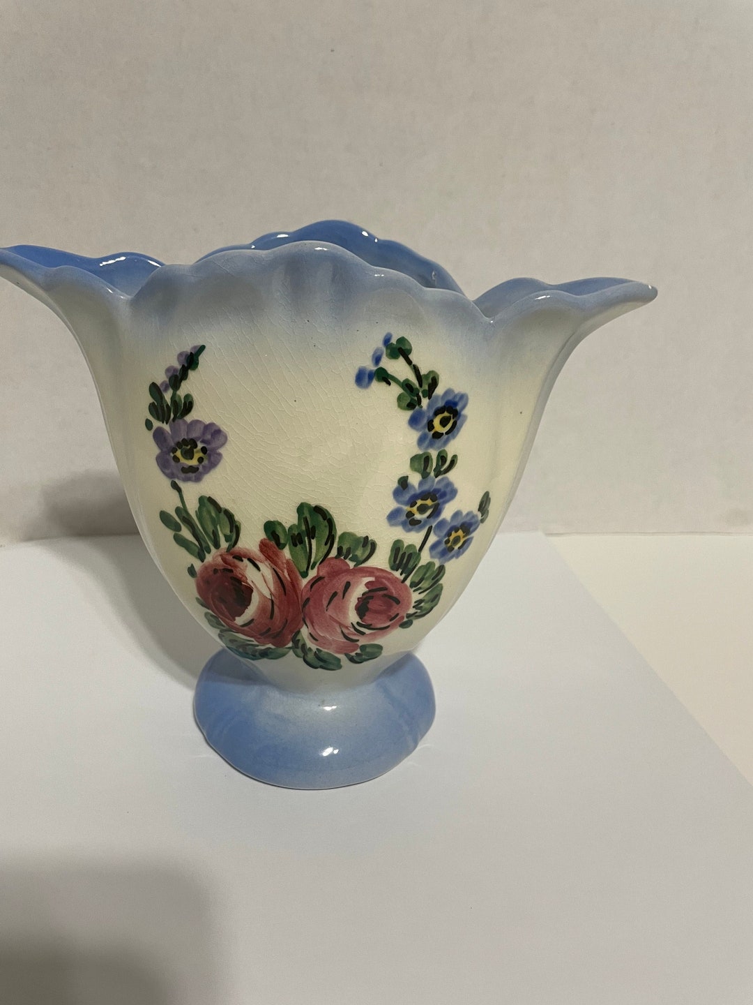 Camark Vase Beautiful Blue With Cabbage Roses and Hollyhocks - Etsy