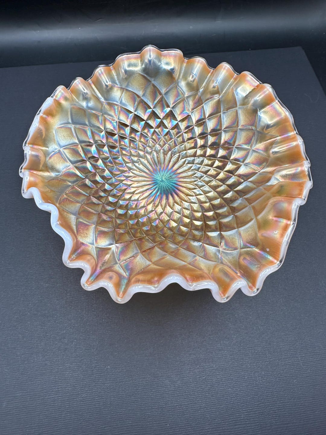 Dugan Carnival Glass Folding Fan Pattern Peach Opalescent Crimped ...