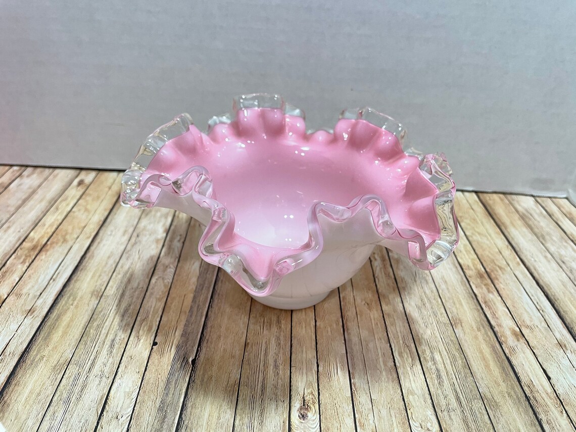Ruffled Fenton Bowl Silvercrest Pink Inside White Outside Bowl - Etsy