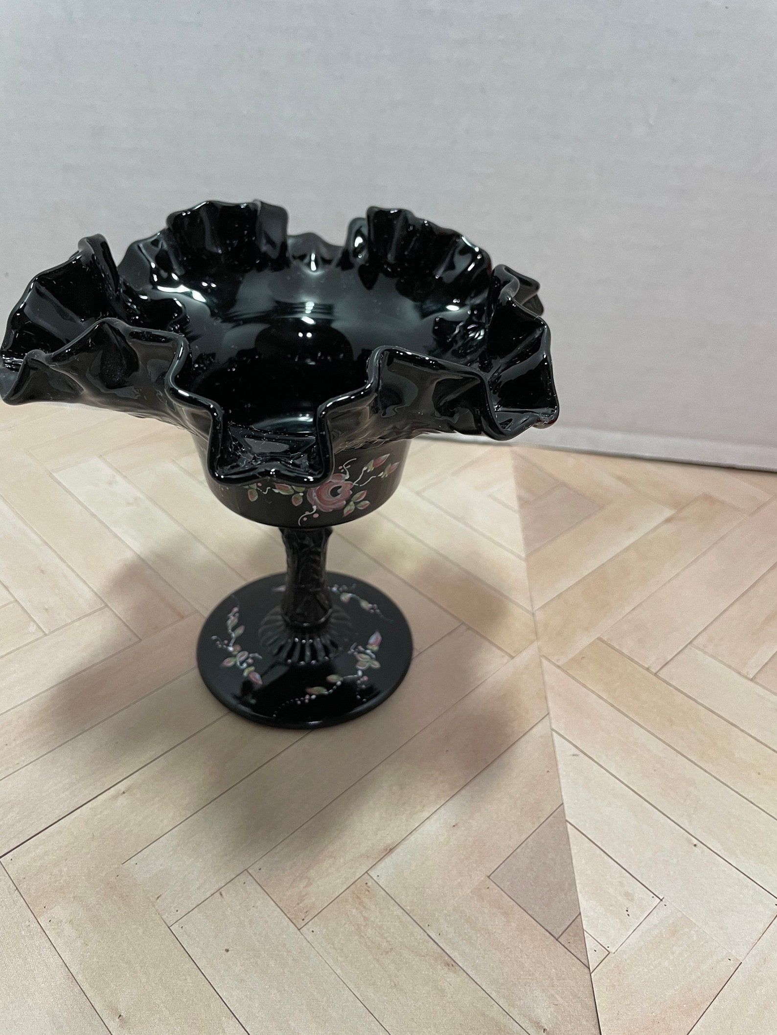 Black glass Fenton hand painted footed compote B. Cumberledge | Etsy