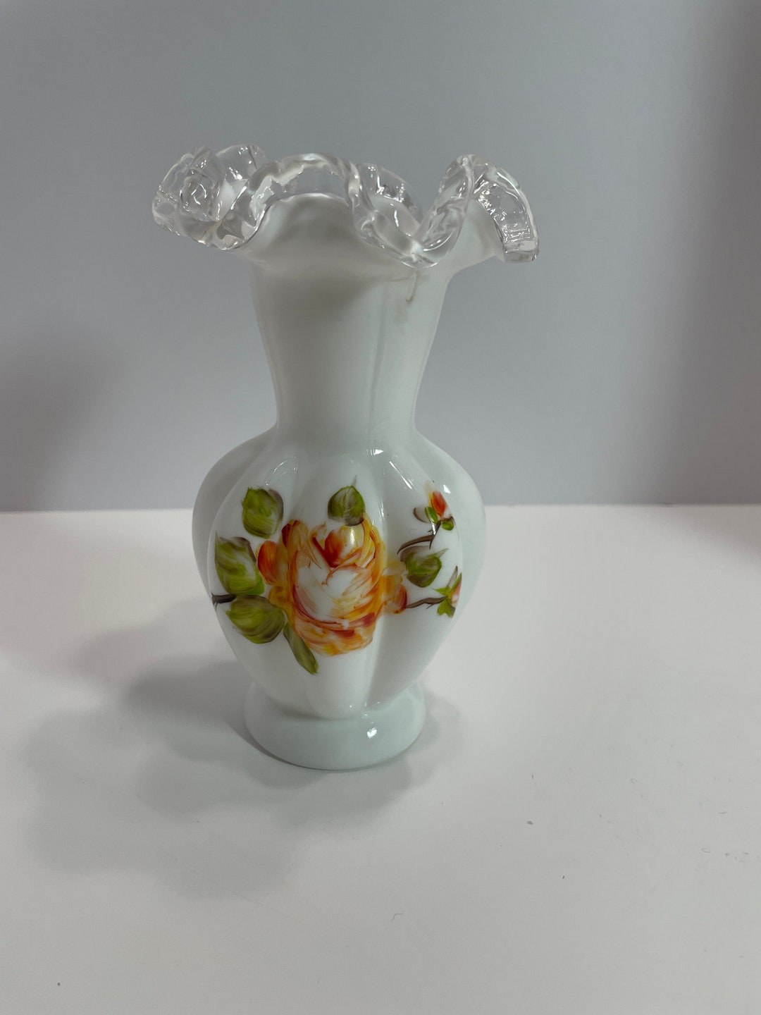 Fenton Vase Silver Crest Milk Glass Vase Hand Painted Yellow Rose - Etsy