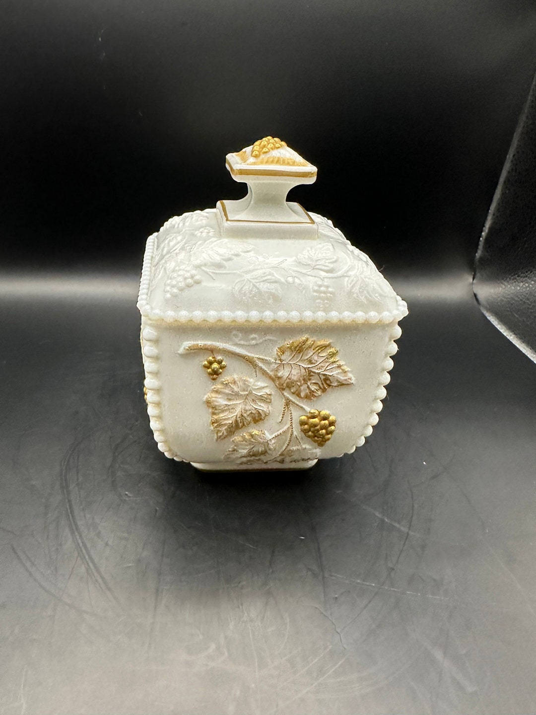 Westmoreland Glass Puff Box Candy Box Hand Painted Beaded Grape Milk ...