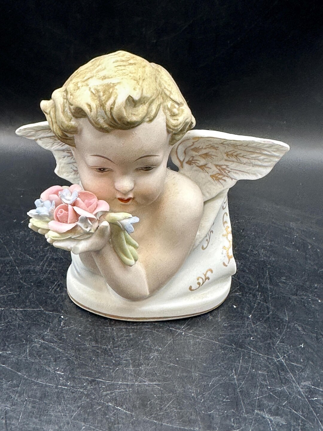 Lefton Angel Cherub Figurine Bisque Floral Bouquet K 1415 - Etsy