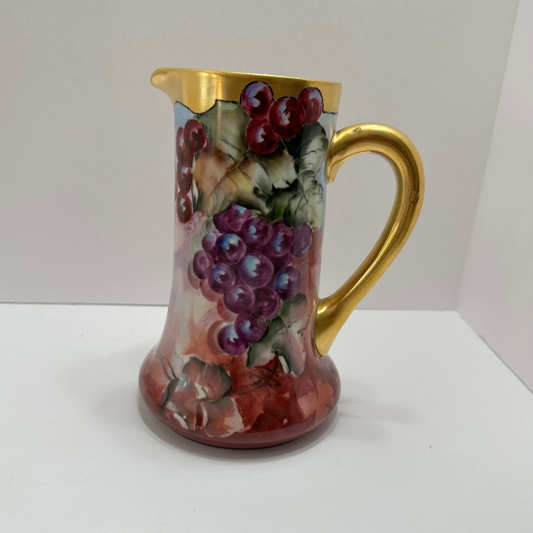 Large Hand Painted Pitcher Red, Green, Purple Grapes Signed MG - Etsy