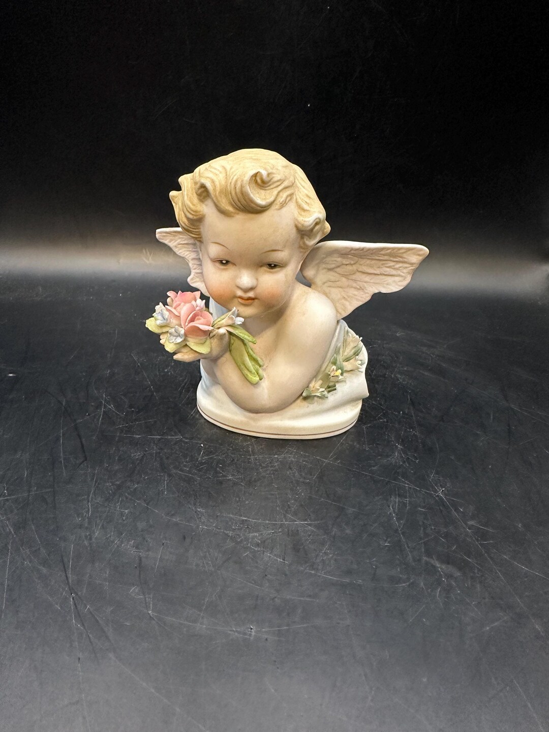 Lefton Cherub or Angel Figurine Holding a Flower Bouquet Bisque ...