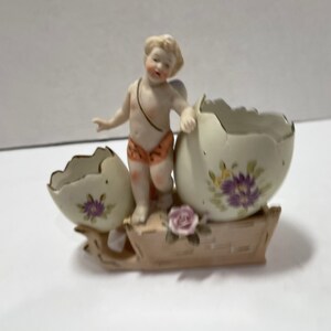 Cherub Decorated Egg Shells Applied Flower on Sled 6516 - Etsy