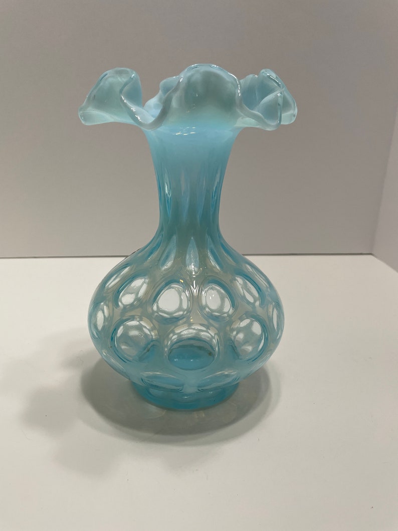 Fenton Art Glass Blue Opalescent Coin Dot Ruffled Vase - Etsy