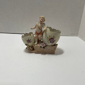 Cherub Decorated Egg Shells Applied Flower on Sled 6516 - Etsy