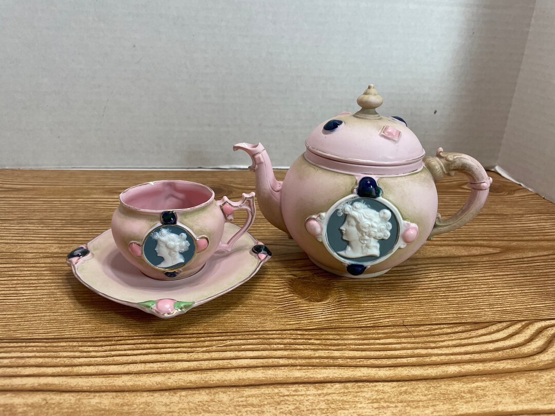 Jasperware Teapot Cup Saucer Pink Bisque Jasperware Schafer and Vater ...