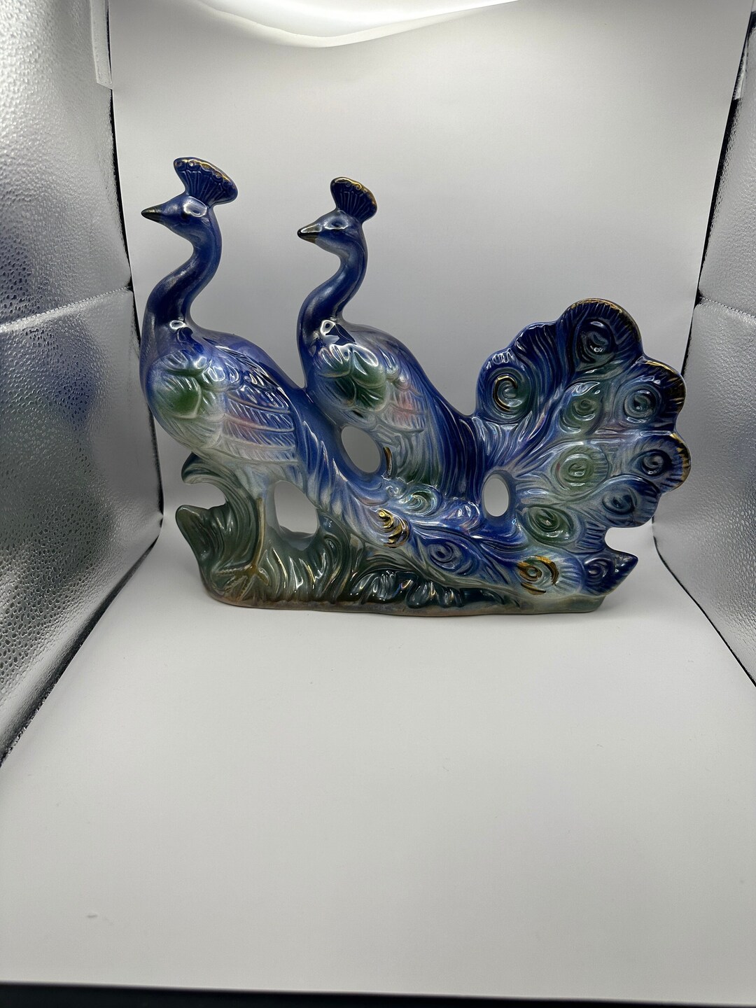 Ceramic Double Peacock Figurine Lusterware 1950's Blue Green Pink Gold ...