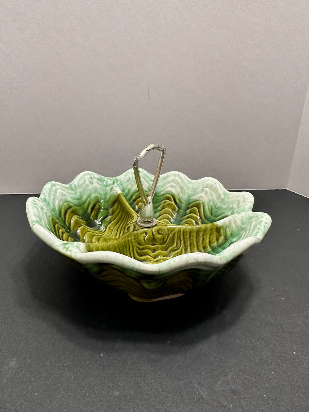 USA Pottery MCM Green Divided Nub Candy Relish Tidbit Dish With Center ...