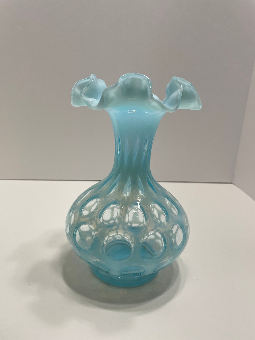 Fenton Art Glass Blue Opalescent Coin Dot Ruffled Vase - Etsy