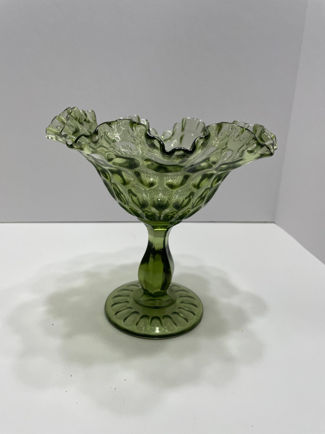 Fenton Compote Art Glass Colonial Green Thumbprint Comport/compote - Etsy