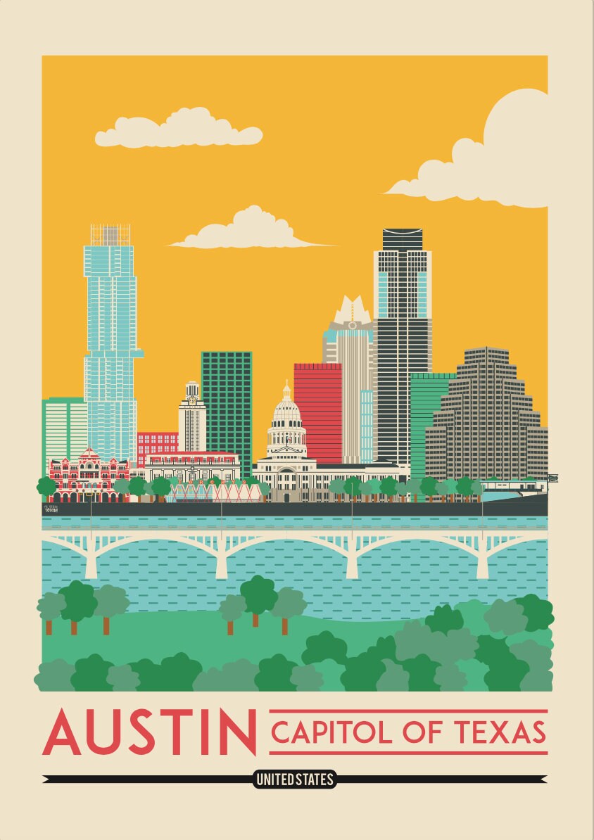 Austin Print - Texas Poster | Travel Poster - Etsy UK