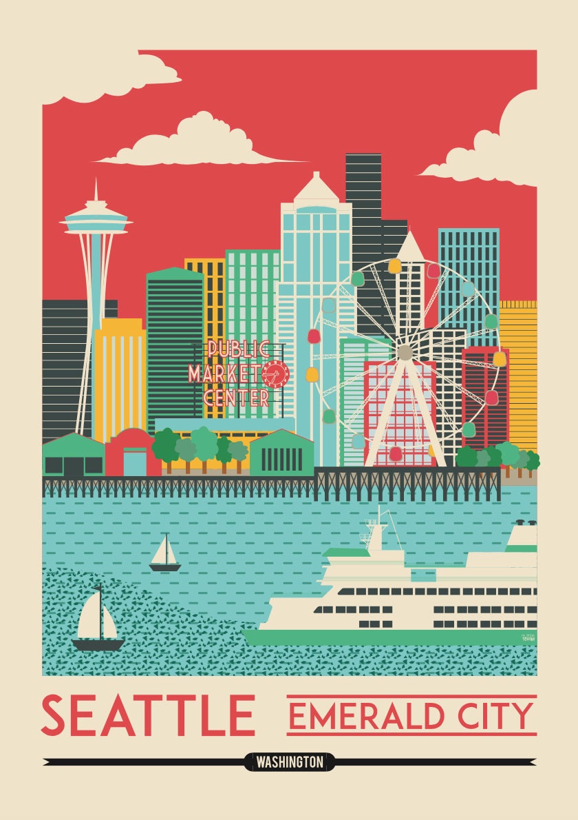 Seattle Print Washington State Poster USA Poster Travel | Etsy