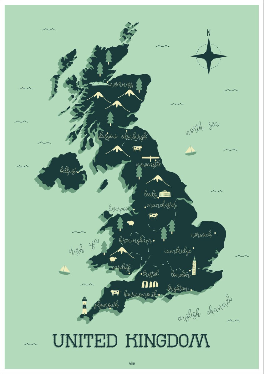 UK Illustrated Map Travel Poster - Etsy