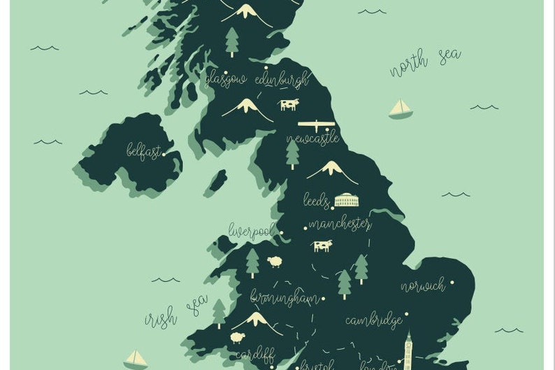 UK Illustrated Map Travel Poster - Etsy