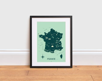 Illustrated Map of France Art Print Poster Travel Map Digital Download ...