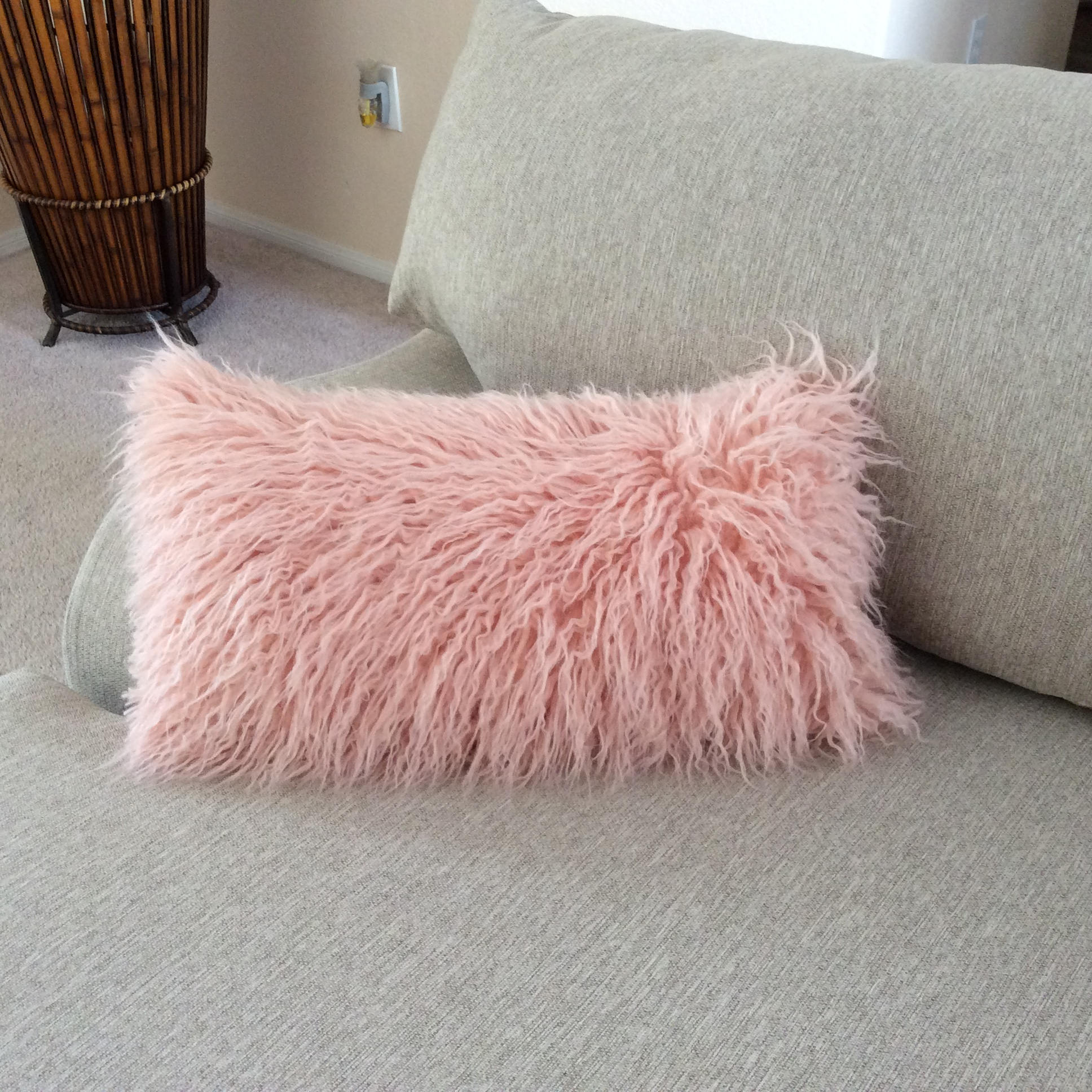 Faux Fur Pink Lumbar Pillow, Salmon Pink Throw Pillow Cover, Faux Fur ...