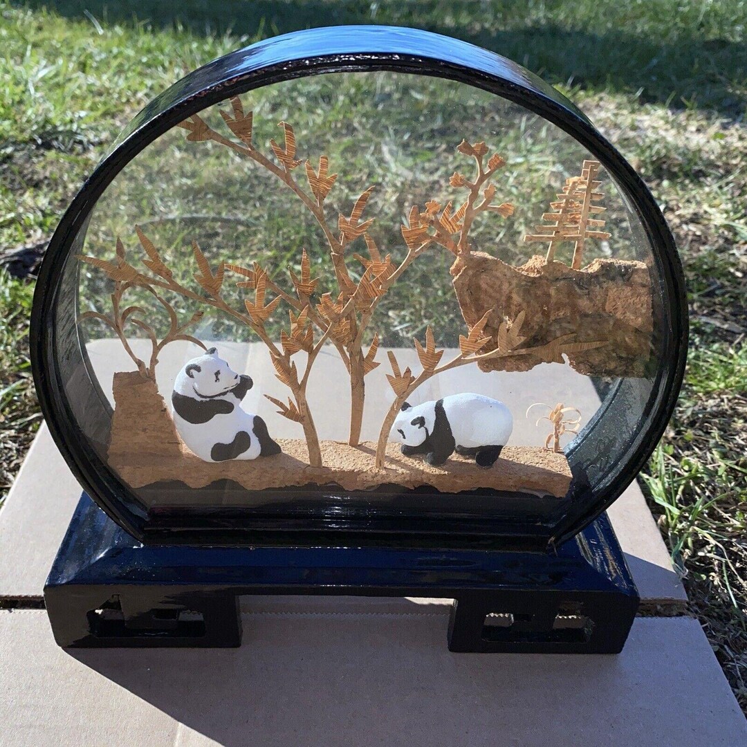 Vintage Asian Cork Carving Diorama Shadow Box- Black Lacquer/panda ...