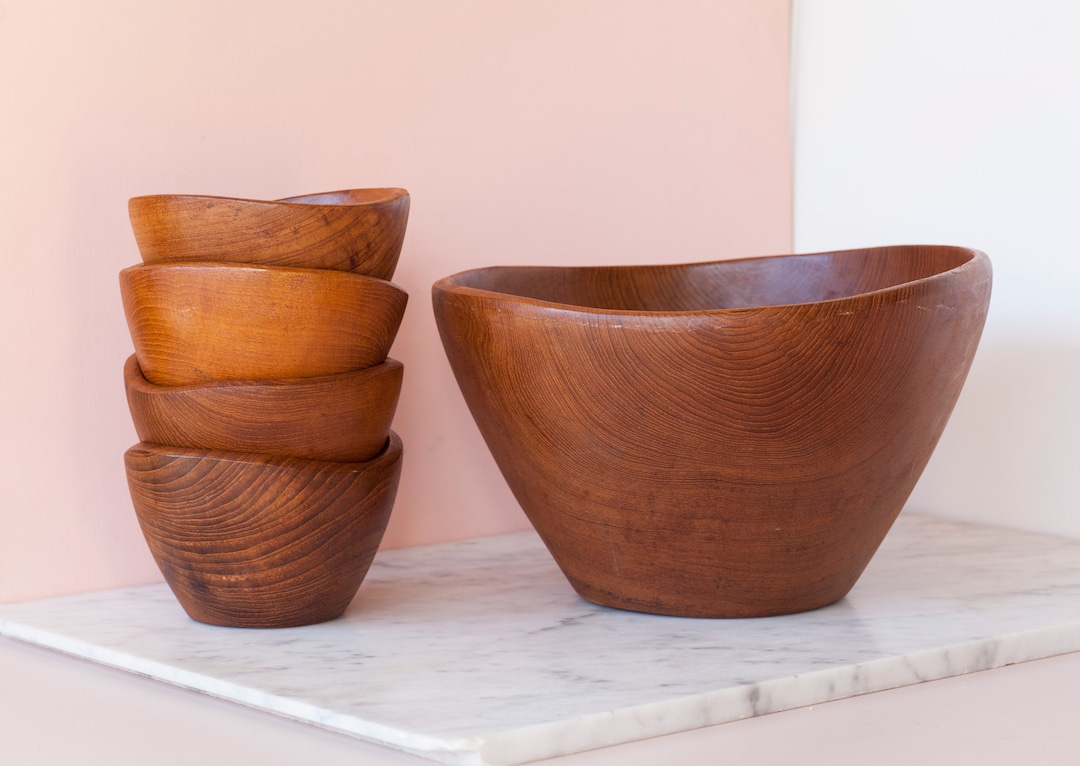 Teakwood Salad Bowl Set Solid Teak Bowls 5 Piece Set Mid Century ...
