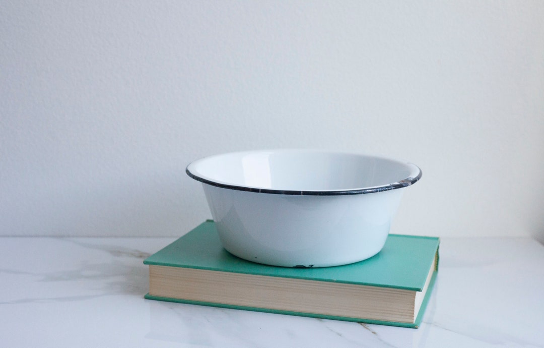 Vintage Dog Bowl White Enamelware Bowl With Black Rim - Etsy