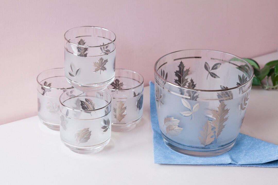 Silver Libbey Foliage Glass With Ice Bucket Set Vintage Libbey Foliage ...