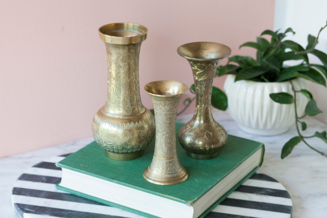 Brass Flower Vases Set of Three - Eclectic Brass Home Decor - Dried ...