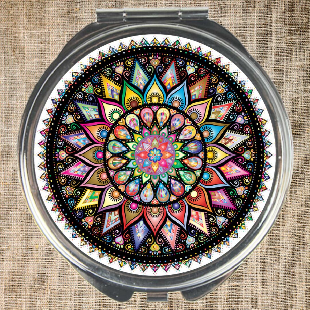 Compact Mirror, Round Compact, Mirror and Pouch, Mandala Pattern - Etsy