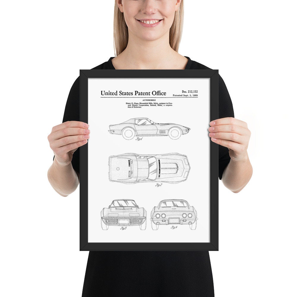 Framed 1968 Corvette Patent – Print, Wall Decor, Automobile Decor ...