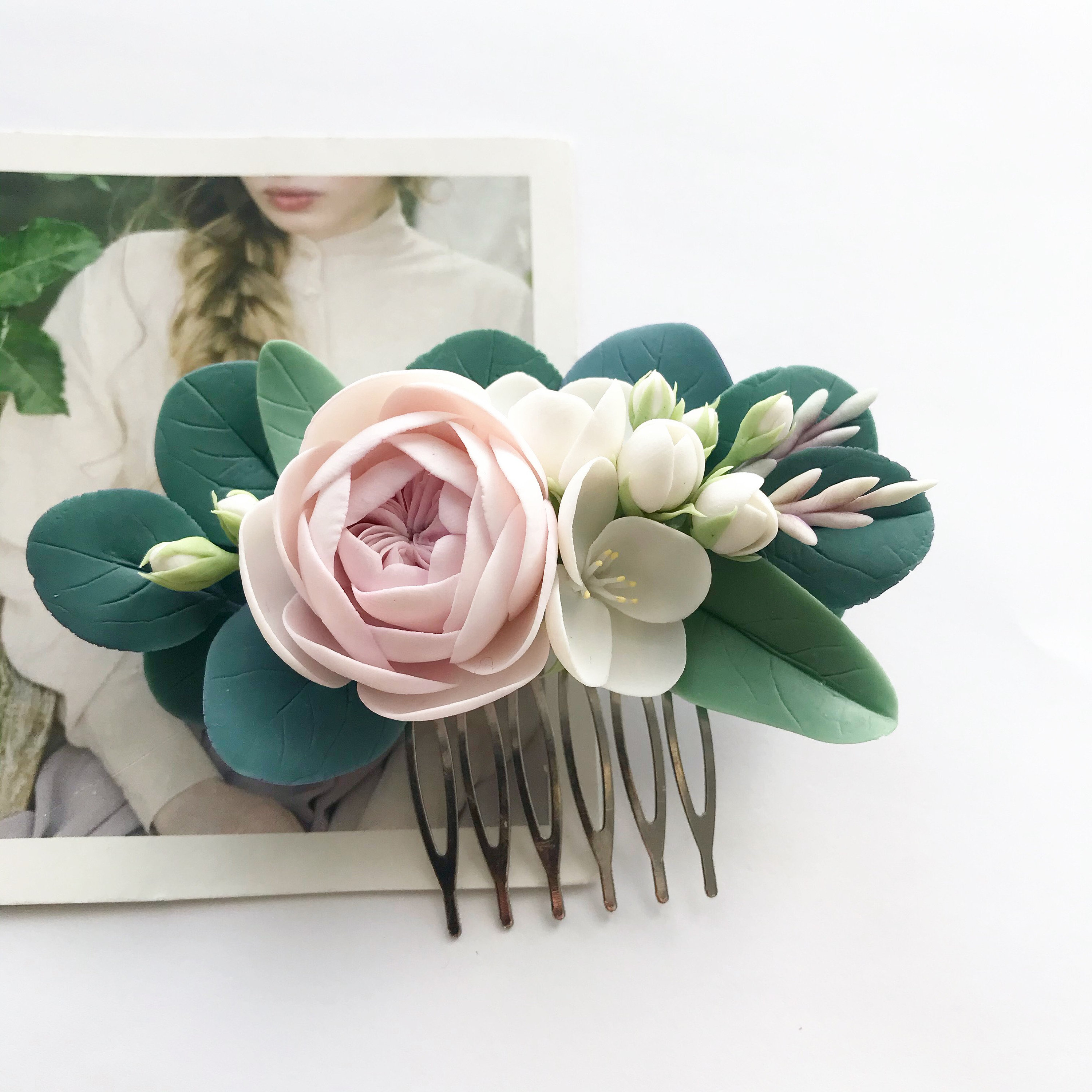 Bridal Eucalyptus Hair Comb Blush Flower Hair Piece Pink - Etsy