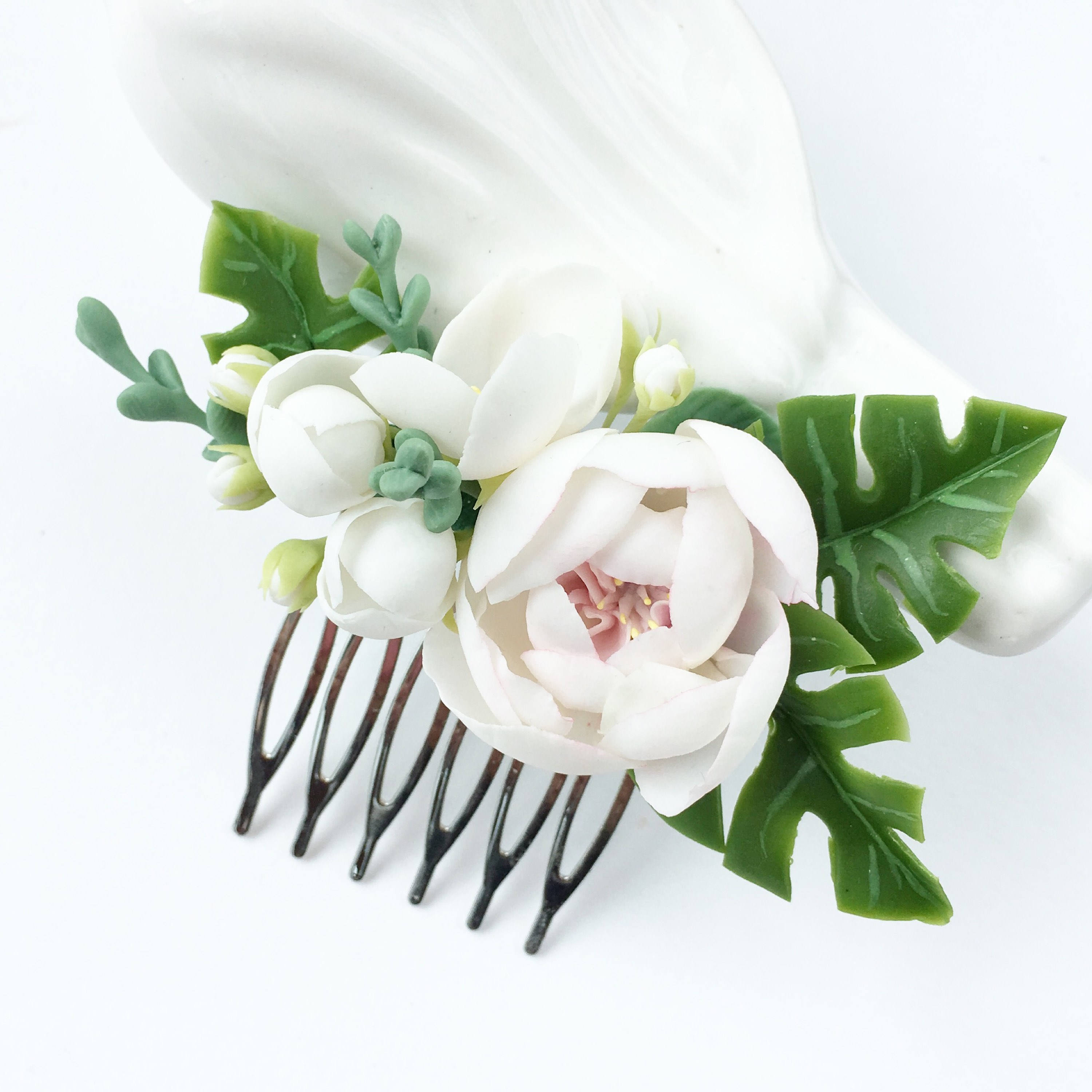 Tropical wedding comb white flower comb bridal comb monstera | Etsy