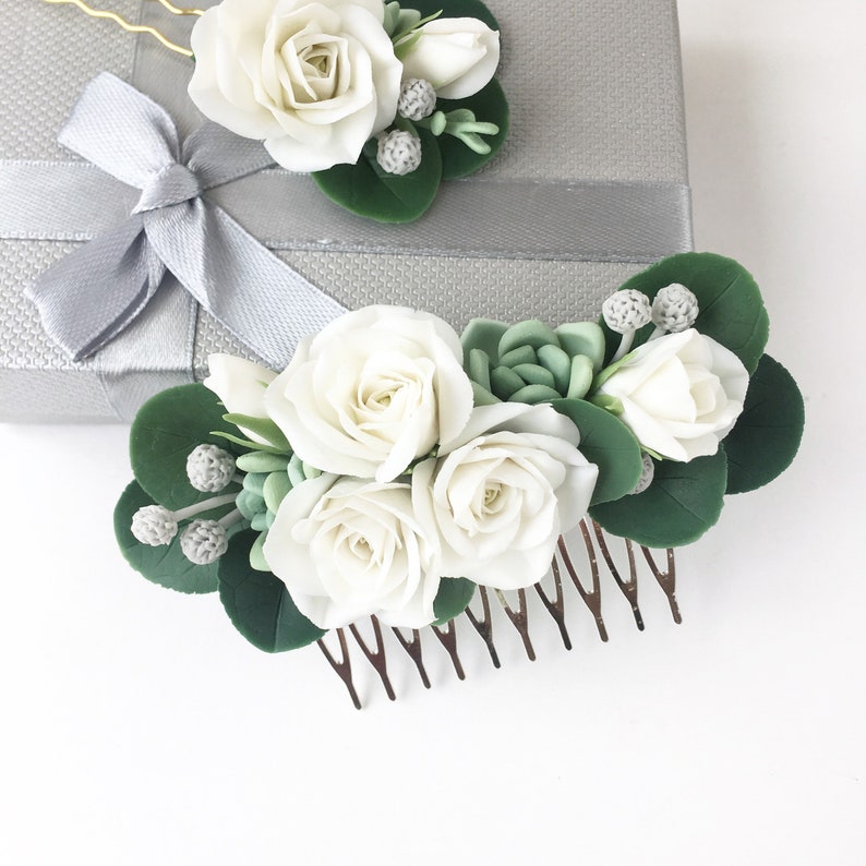 White Rose Hair Comb Succulent Hair Comb Emerald Hair Comb | Etsy