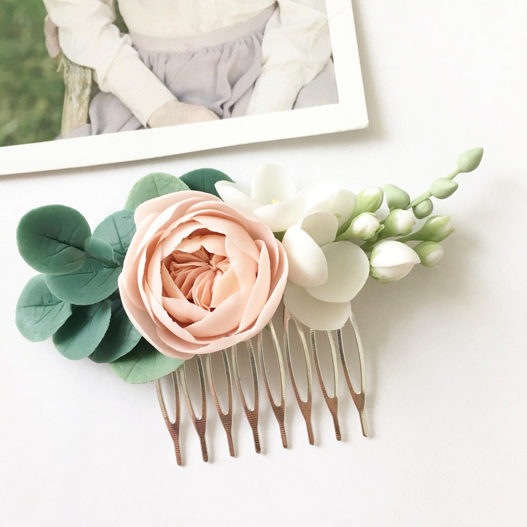 Eucalyptus Bridal Hair Piece Blush Flower Hair Comb Blush Peach Flower ...