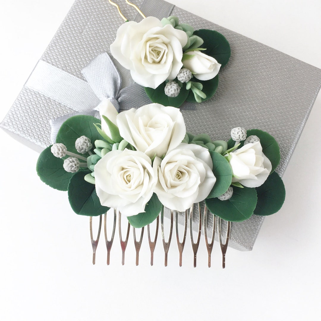 White Rose Hair Comb Succulent Hair Comb Emerald Hair Comb - Etsy