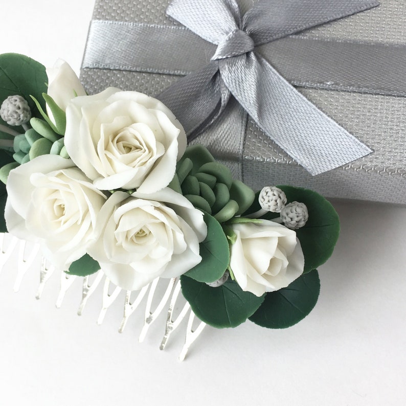 White Rose Hair Comb Succulent Hair Comb Emerald Hair Comb | Etsy