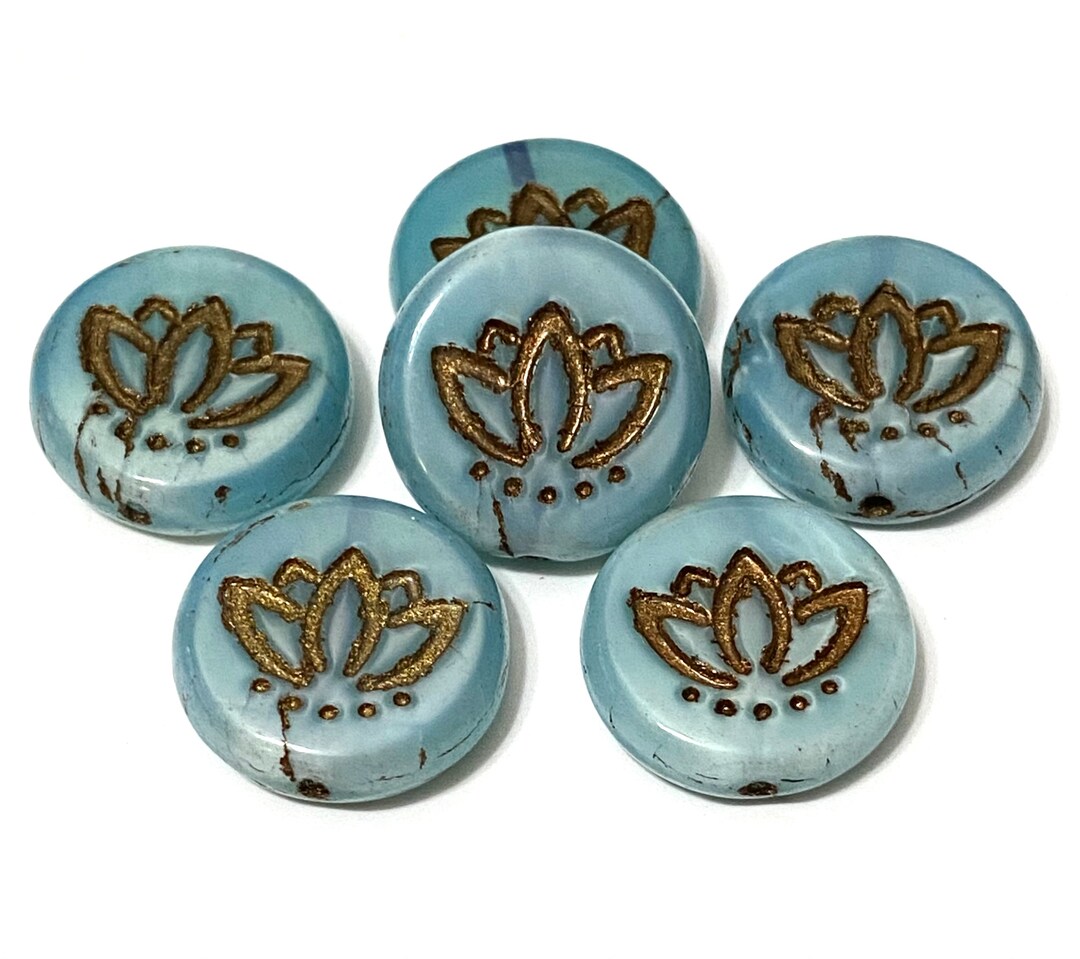 14mm Lotus Flower (6 Beads) Aqua Blue Silk With a Dark Bronze Wash ...
